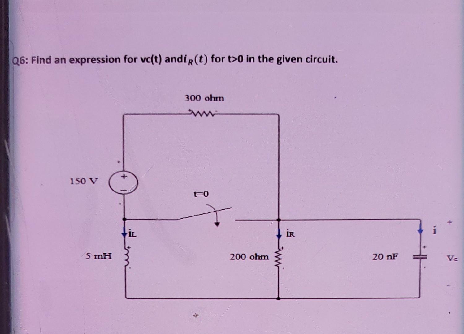 Solved Q6: Find an expression for vc(t) and iR(t) for t>0 in | Chegg.com