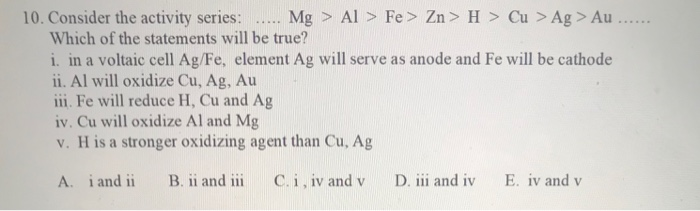 Solved 10. Consider the activity series: ..... Mg > Al > Fe | Chegg.com
