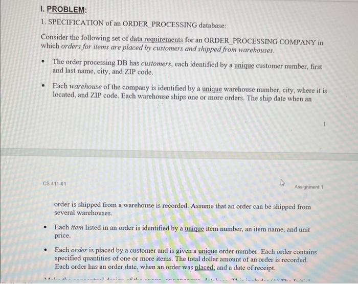 Solved I. PROBLEM: 1. SPECIFICATION of an ORDER_PROCESSING | Chegg.com