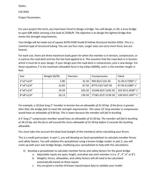 Statics Fall 2020 Project Parameters For your project | Chegg.com