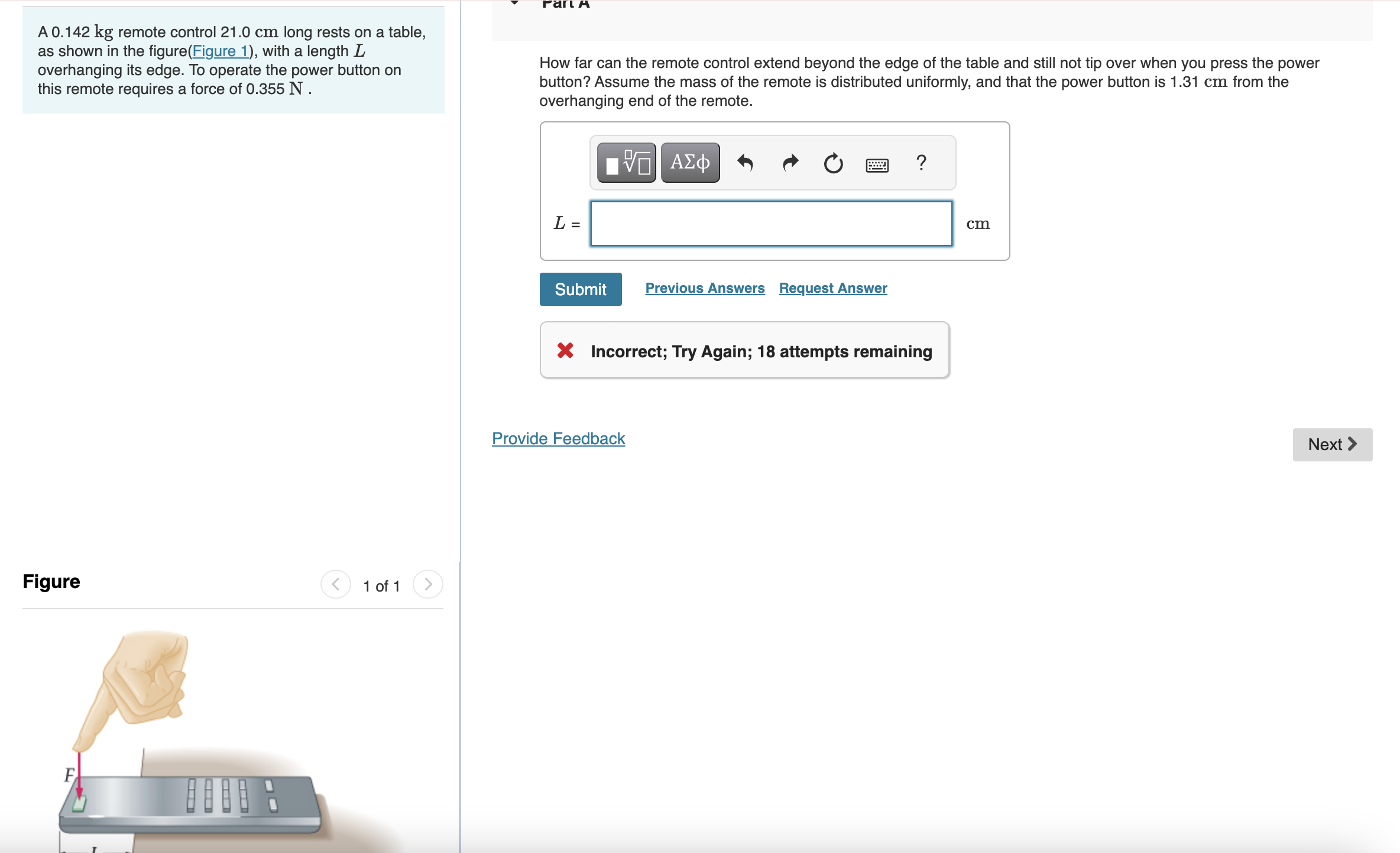 Solved A 0.142kg ﻿remote control 21.0cm ﻿long rests on a | Chegg.com