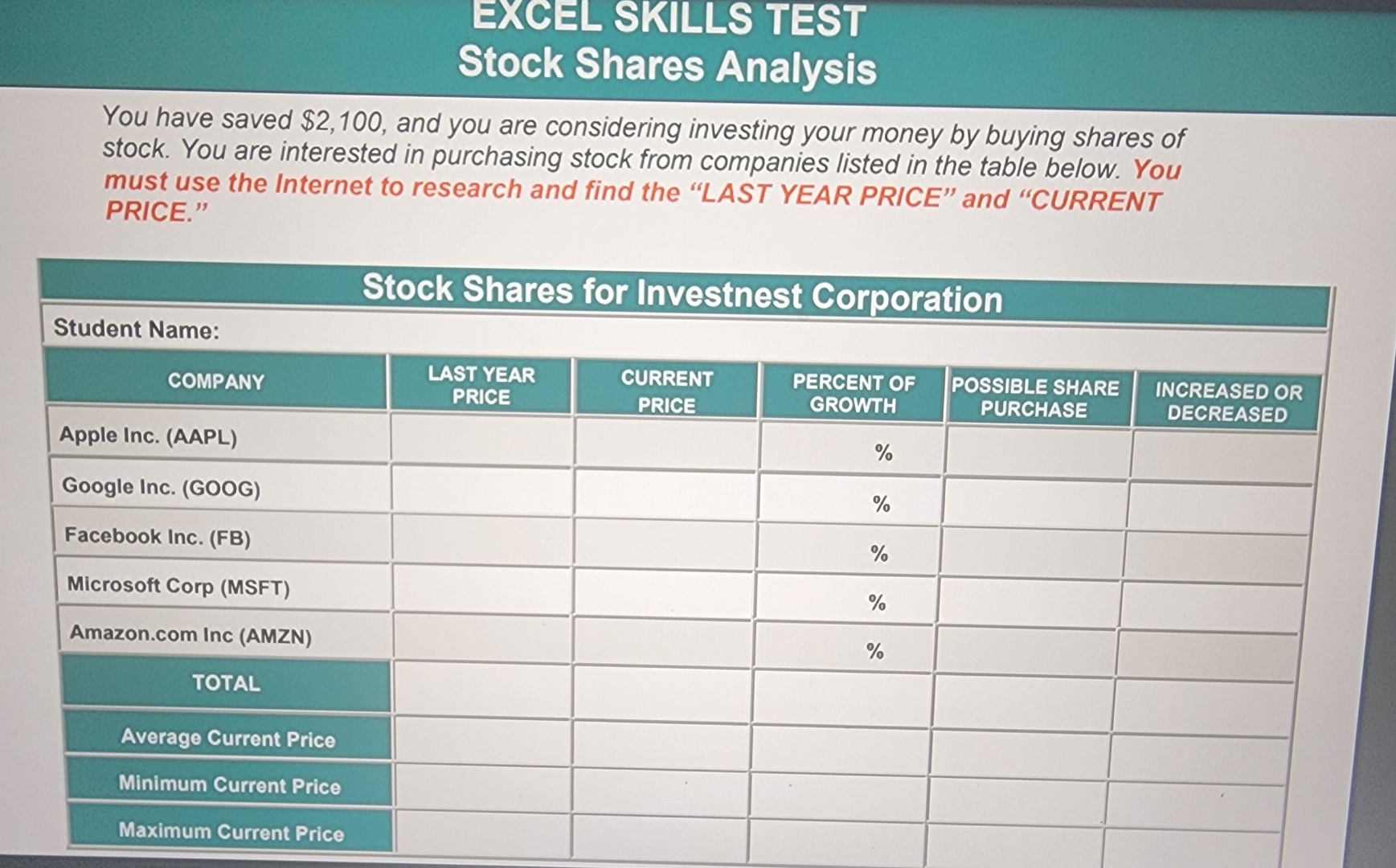 Solved EXCEL SKILLS TESTStock Shares AnalysisYou have saved | Chegg.com