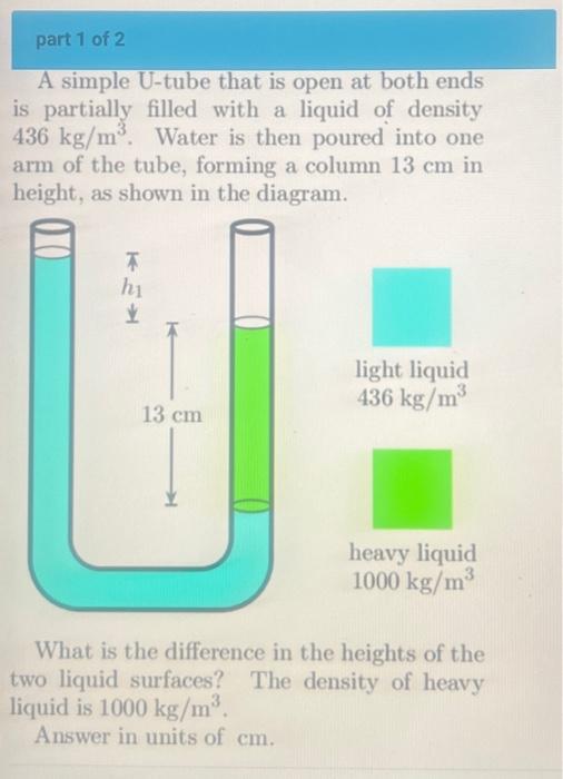 Solved part 1 of 2 A simple U-tube that is open at both ends | Chegg.com