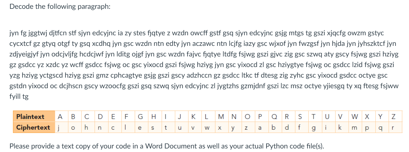 Solved Please help me Decode the following cypher in Python | Chegg.com