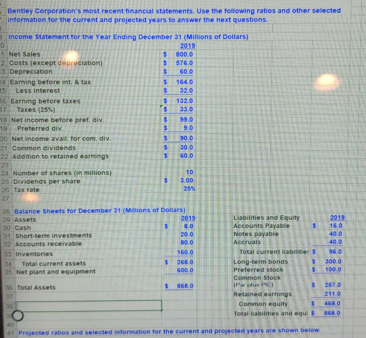 Solved Bentley Corporation's most recent financial | Chegg.com
