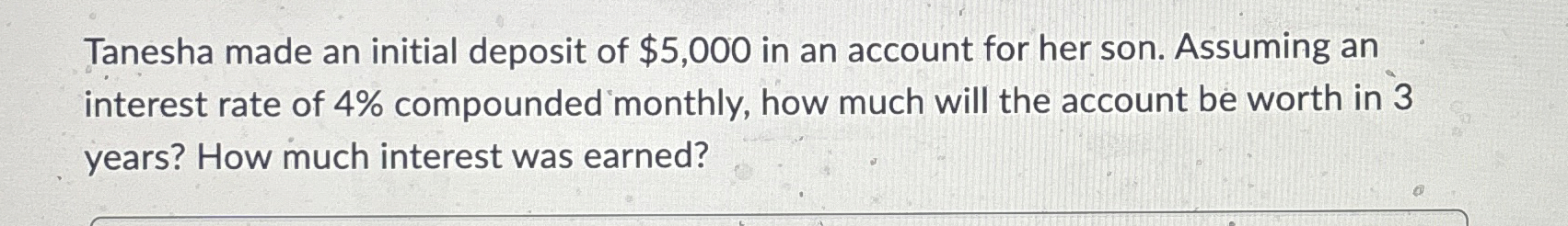 Solved Tanesha made an initial deposit of $5,000 ﻿in an | Chegg.com