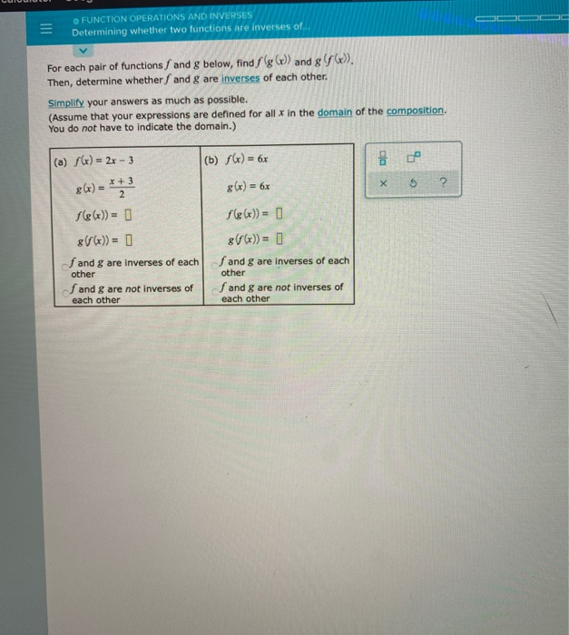 Solved OOOOO - FUNCTION OPERATIONS AND INVERSES Determining | Chegg.com Solved OOOOO - FUNCTION OPERATIONS AND INVERSES Determining | Chegg.com