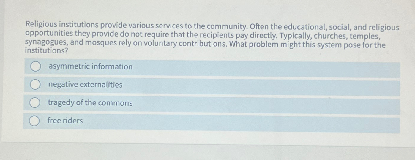 Solved Religious institutions provide various services to | Chegg.com