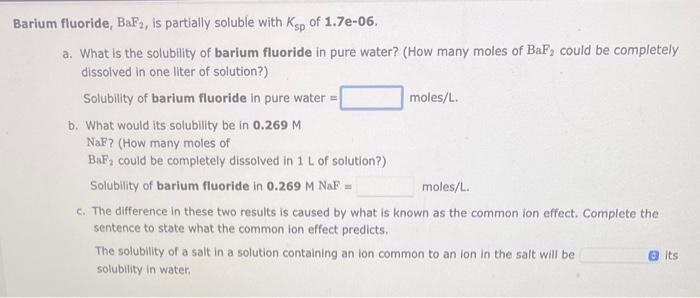 Solved arium fluoride, BaF2, is partially soluble with Ksp | Chegg.com