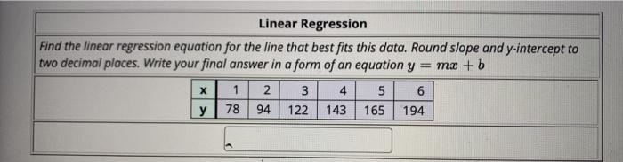 Solved Linear Regression Find the linear regression equation | Chegg.com