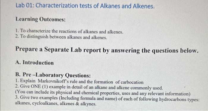 Solved Lab 01: Characterization tests of Alkanes and | Chegg.com