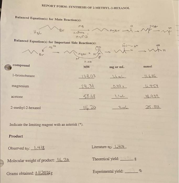 Solved REPORT FORM: SYNTHESIS OF 2-METHYL-2-HEXANOL Balanced | Chegg.com