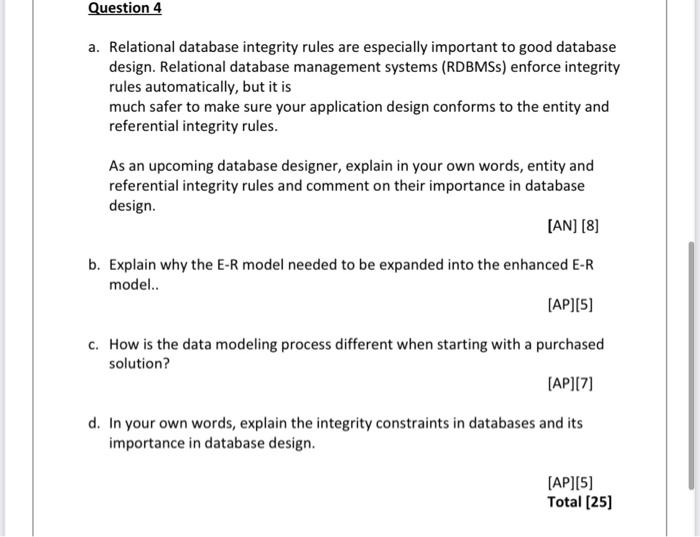 Solved Question 4 a. Relational database integrity rules are | Chegg.com