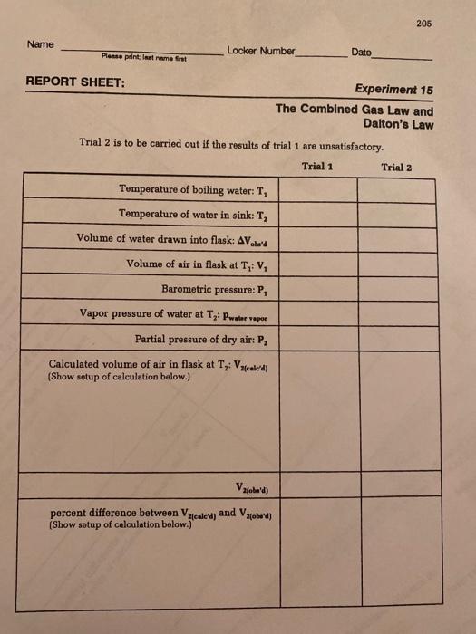 Solved 205 Name Locker Number Plema print last rame fost | Chegg.com