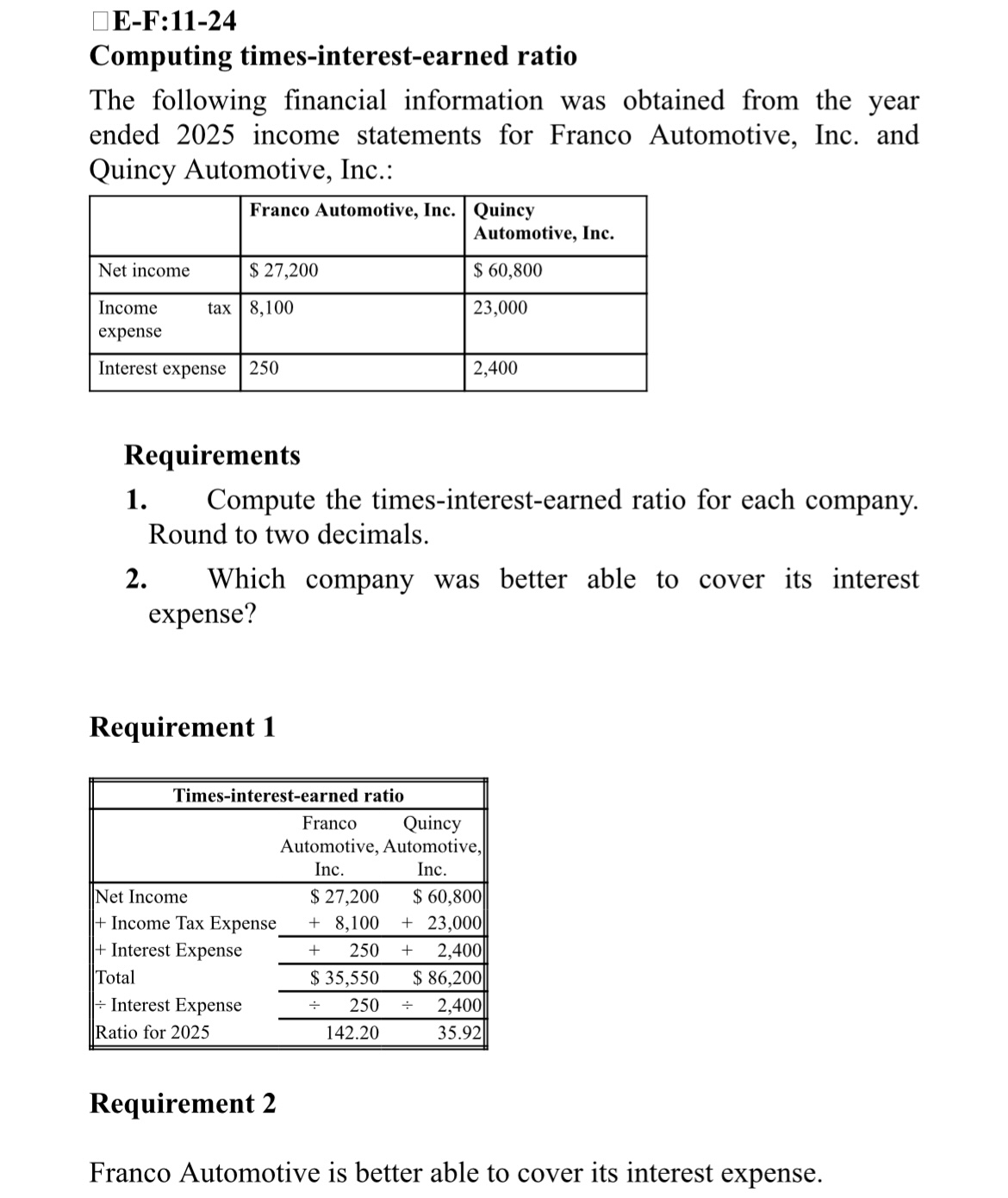 Solved E-F:11-24Computing times-interest-earned ratioThe | Chegg.com