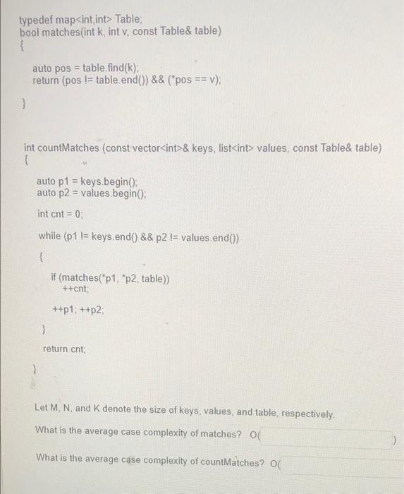 Solved typedef mapsint, int> Table; bool matches(int k, int | Chegg.com