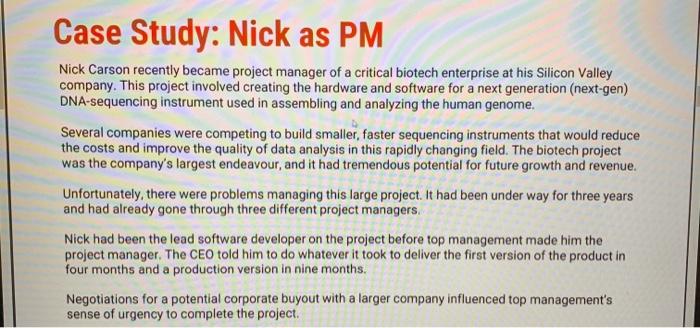 Solved Case Study: Nick as PM Nick Carson recently became | Chegg.com