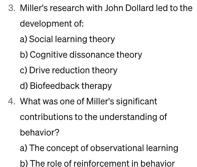 Solved Miller's research with John Dollard led to the | Chegg.com
