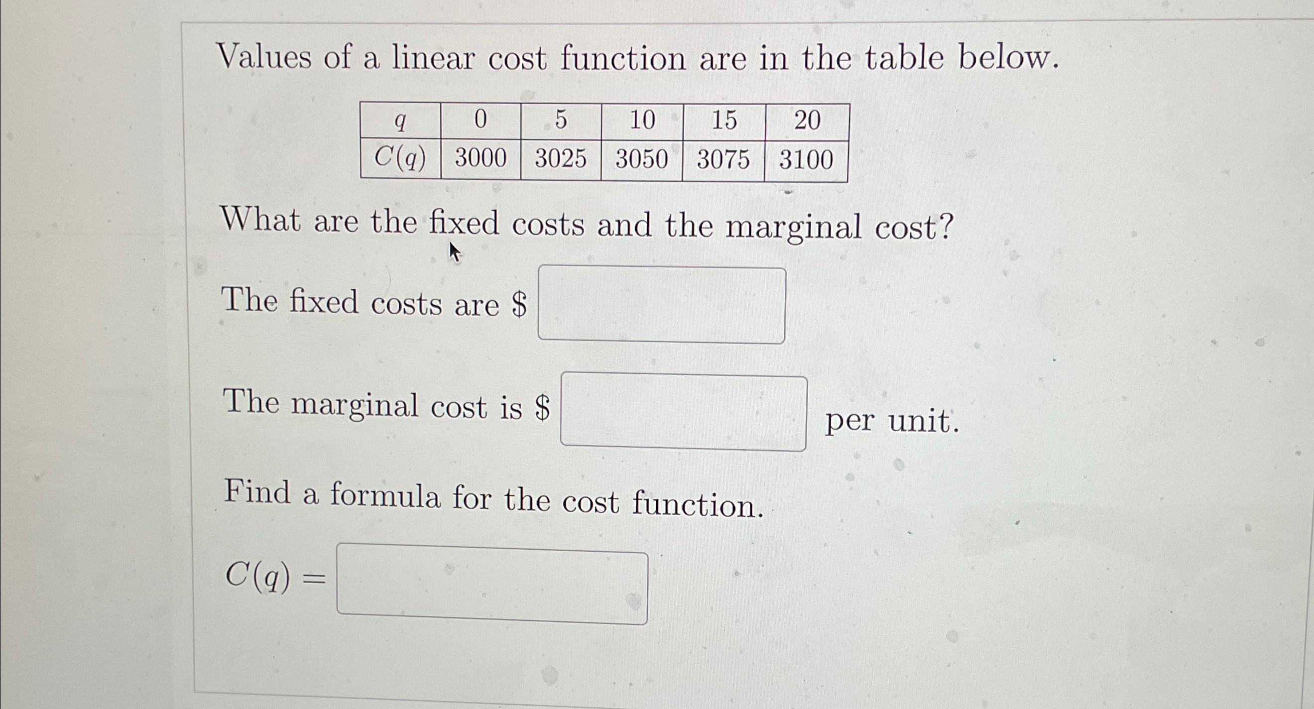 Solved Values of a linear cost function are in the table | Chegg.com