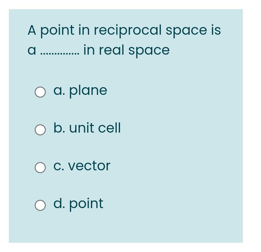 Solved A point in reciprocal space is a .......... in real | Chegg.com