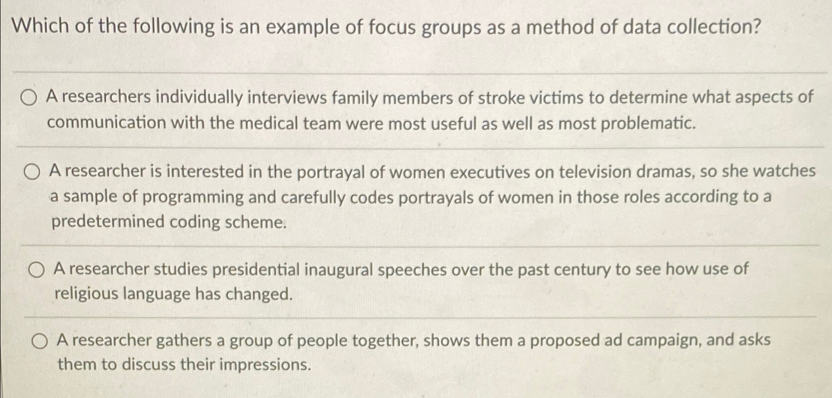 Solved Which of the following is an example of focus groups | Chegg.com