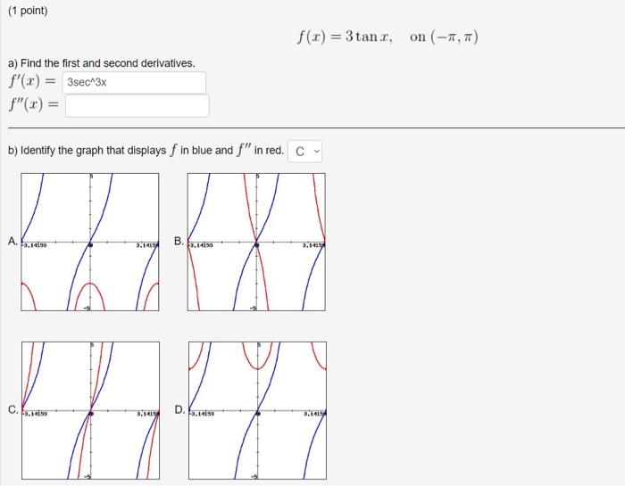Solved (1 point) f(x)=3tanx, on (−π,π) a) Find the first and | Chegg.com
