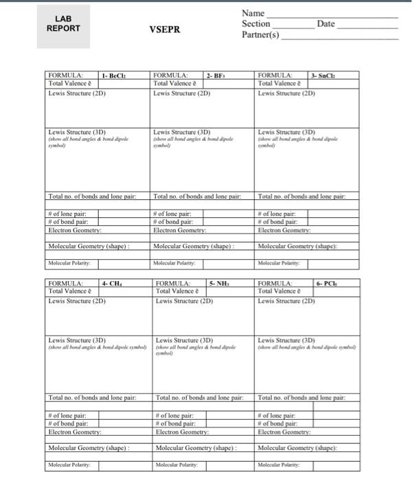 Solved LAB REPORT Name Section Partner(s) Date VSEPR FORMULA | Chegg.com