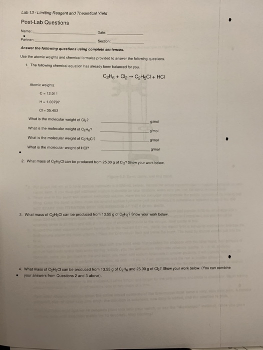 Solved Lab 13 - Limiting Reagent and Theoretical Yield | Chegg.com