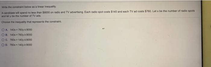 Solved Write the constraint below as a linear inequality A | Chegg.com