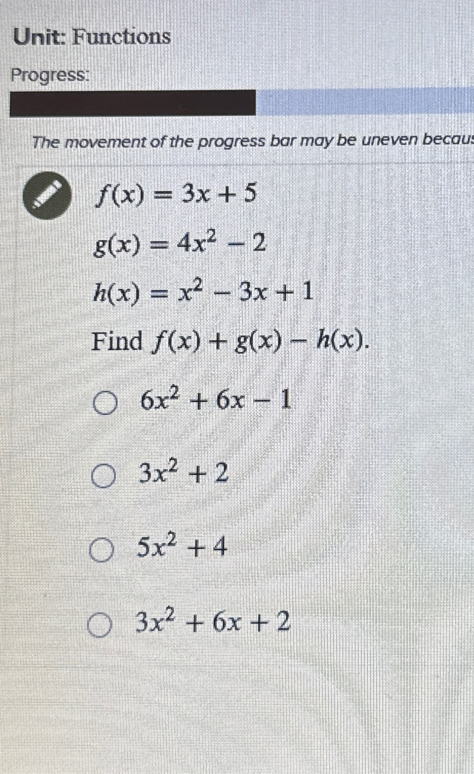 Solved Unit: FunctionsProgress:The movement of the progress | Chegg.com