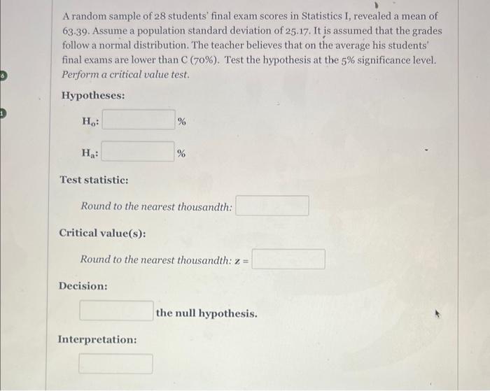 Solved A random sample of 28 students' final exam scores in | Chegg.com