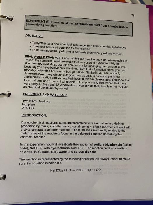 Solved 75 EXPERIMENT #9: Chemical Moles: synthesizing NaCl | Chegg.com