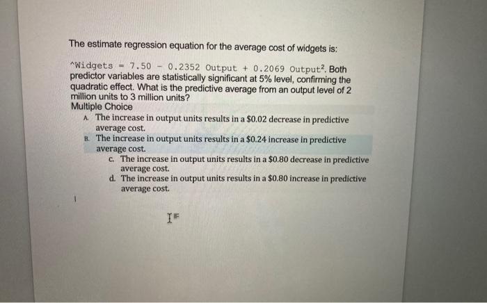 Solved The estimate regression equation for the average cost | Chegg.com