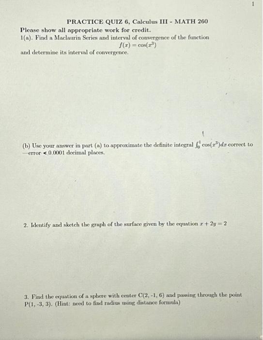 Solved PRACTICE QUIZ 6, Calculus III - MATH 260 Please show | Chegg.com