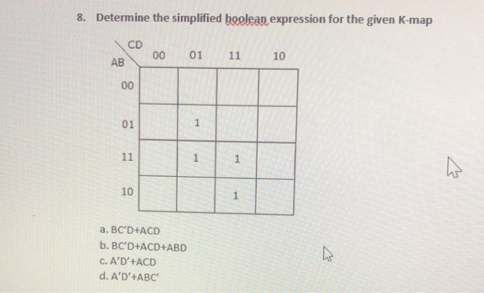 Solved 8. Determine the simplified boolean expression for | Chegg.com