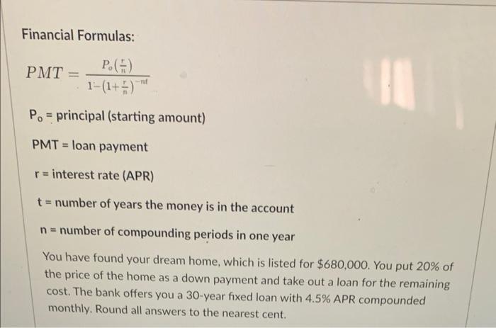 Solved Financial Formulas:Po = principal (starting | Chegg.com