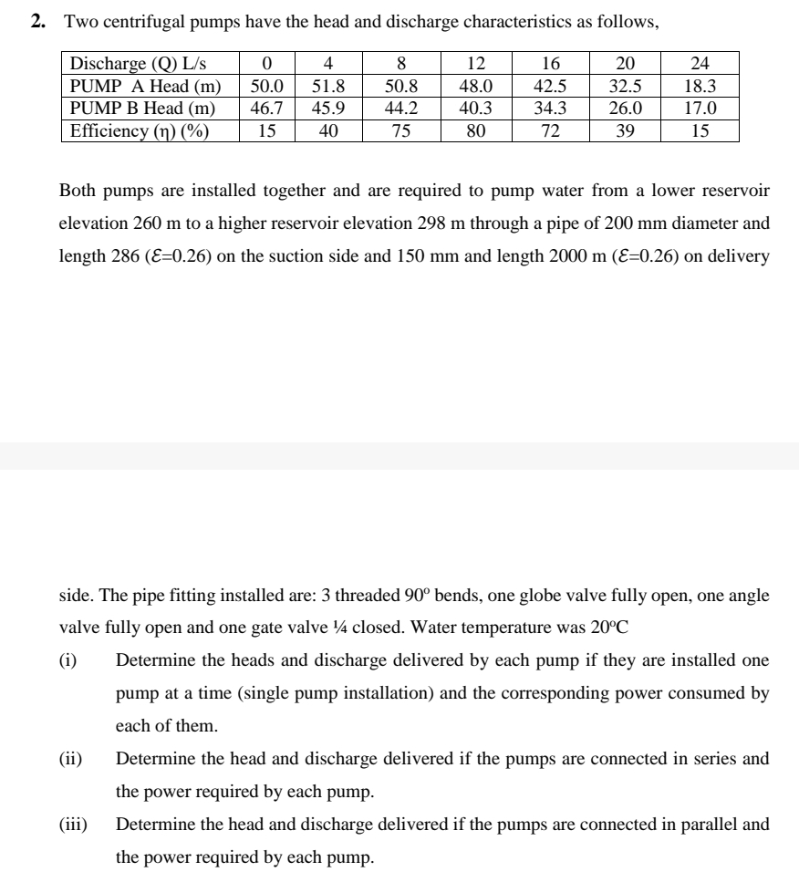 Two centrifugal pumps have the head and discharge | Chegg.com