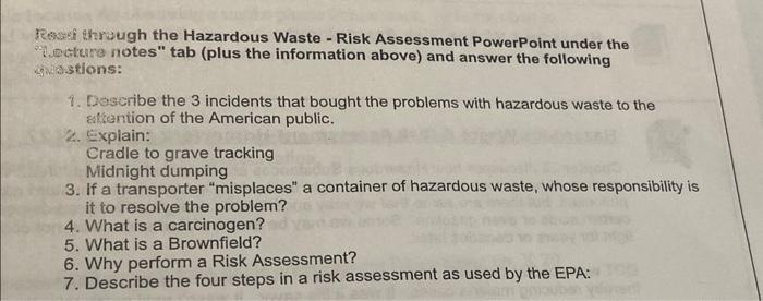 Solved Reecer thruugh the Hazardous Waste - Risk Assessment | Chegg.com