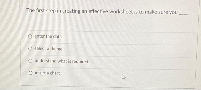 Solved The first step in creating an effective worksheet is | Chegg.com