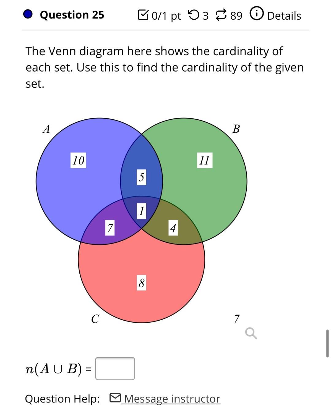 Solved The Venn diagram here shows the cardinality of each | Chegg.com