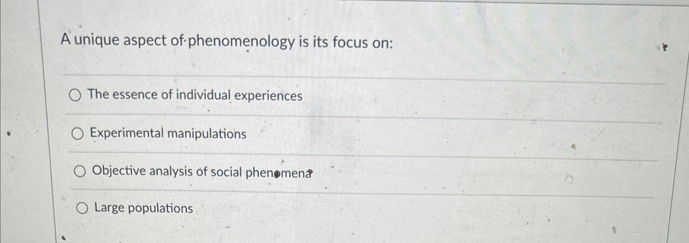 Solved A unique aspect of phenomenology is its focus on:The | Chegg.com