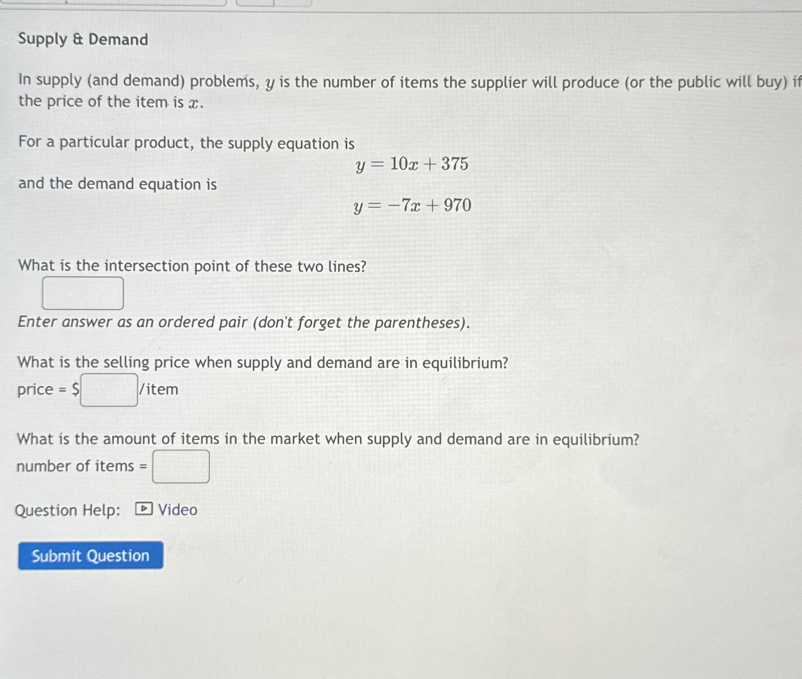 Solved Supply & DemandIn supply (and demand) ﻿problems, y | Chegg.com