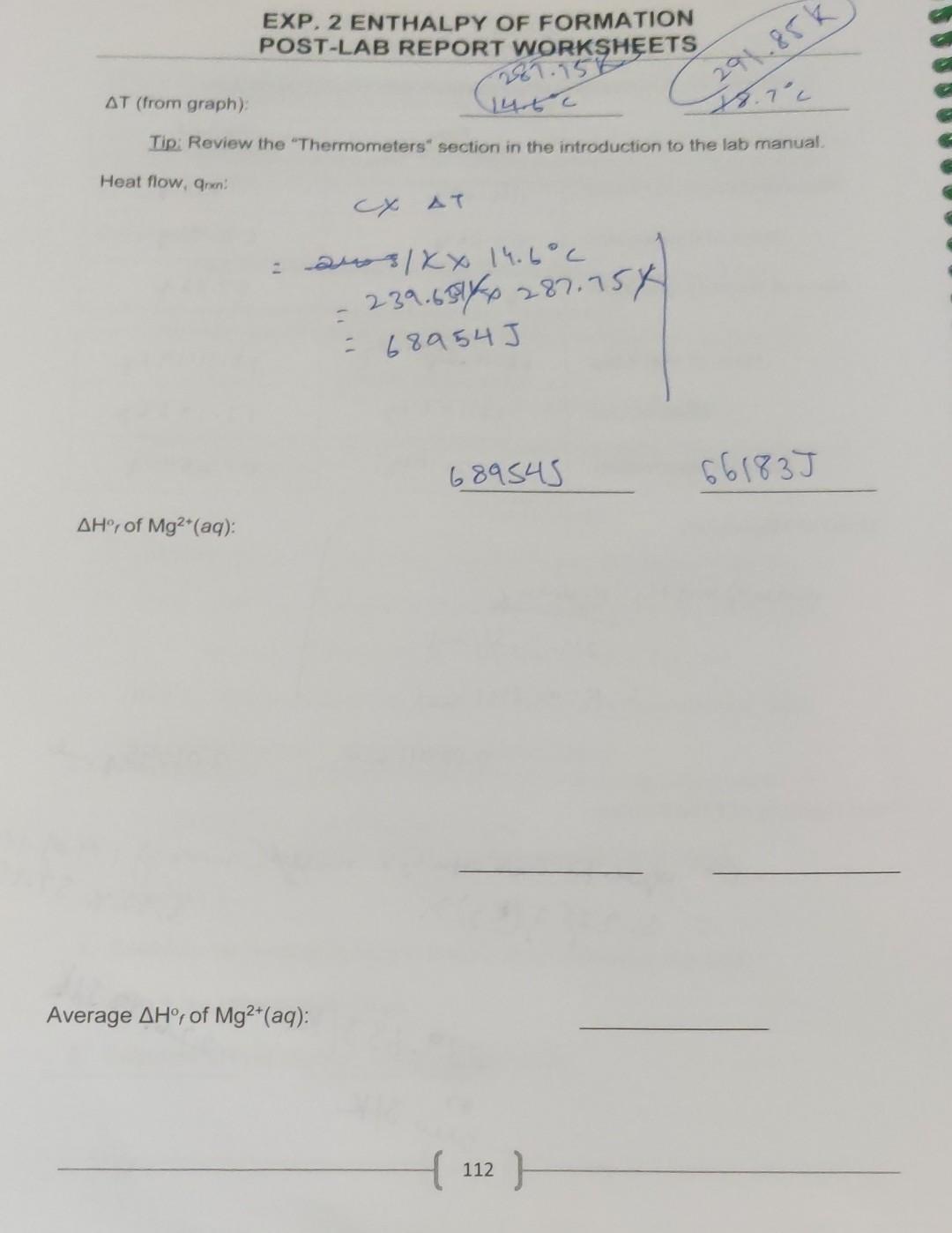 Solved EXP. 2 ENTHALPY OF FORMATION POST-LAB REPORT | Chegg.com