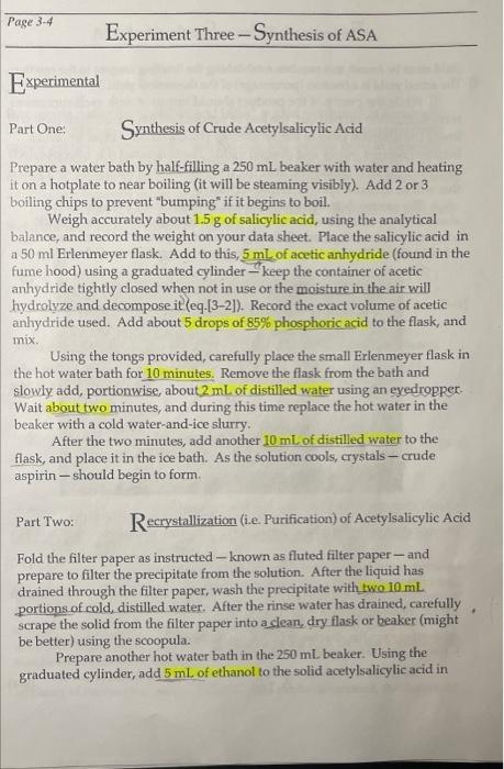 Solved Part One: Synthesis of Crude Acetylsalicylic Acid | Chegg.com
