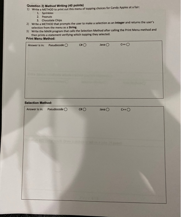 Solved Question 2) Method Writing (40 points) 1) Write a | Chegg.com