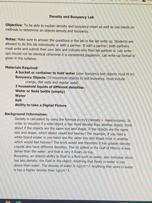 Solved OM Density and Buoyancy Lab Objective: To be able to | Chegg.com