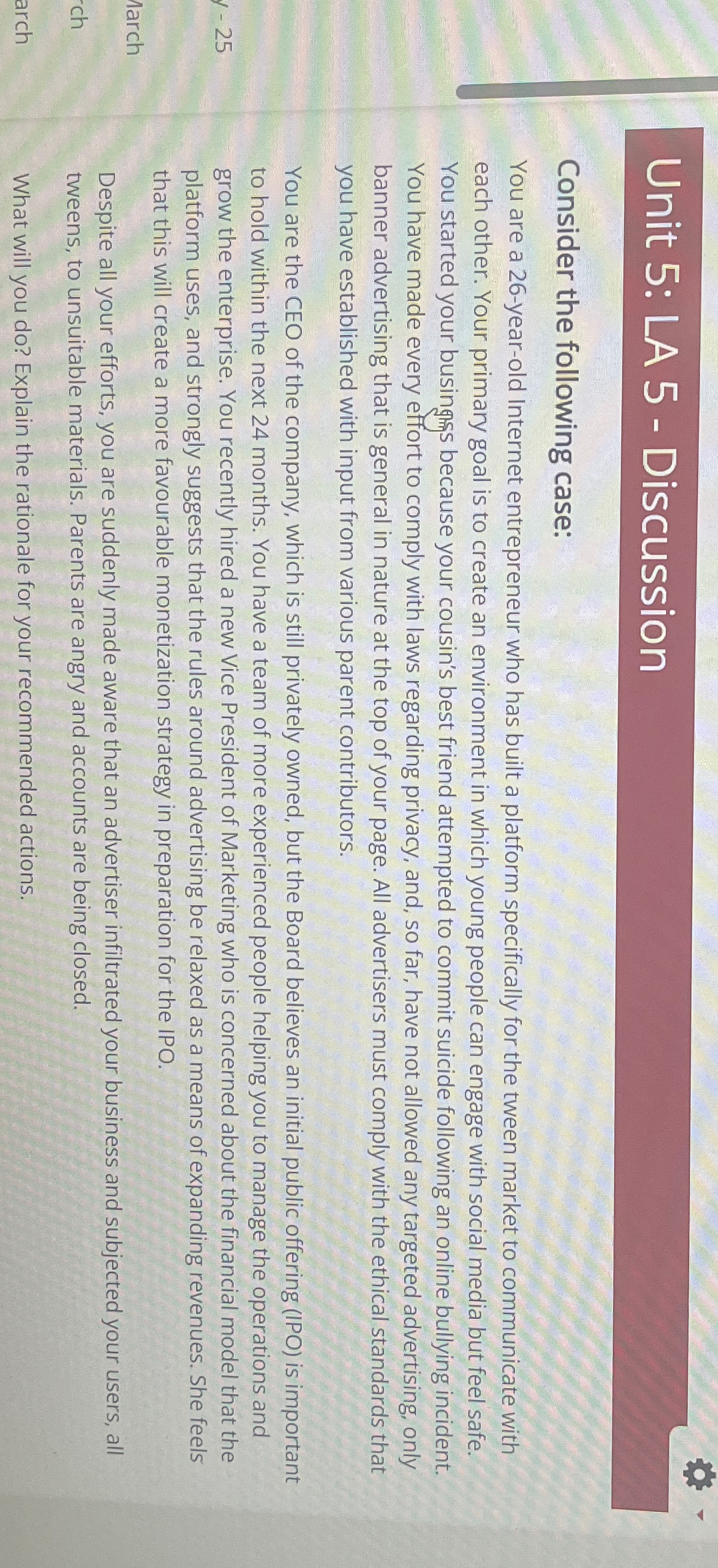 Solved Unit 5: LA 5 - ﻿DiscussionConsider the following | Chegg.com