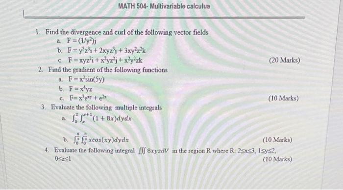 Solved MATH 504- Multivariable calculus 1. Find the | Chegg.com