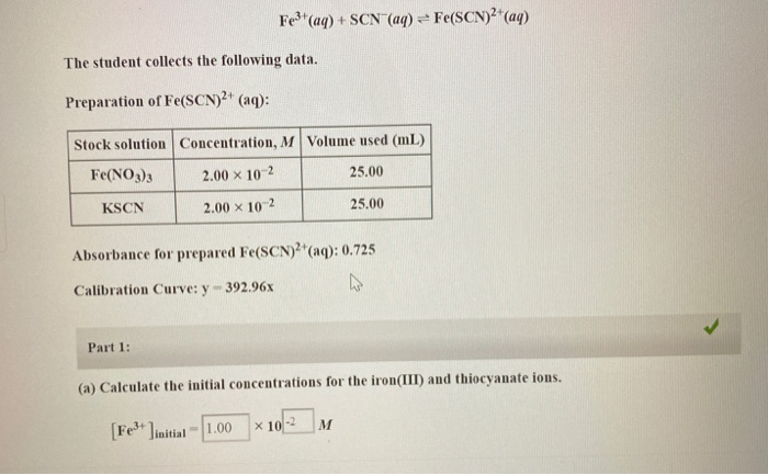 Solved Fe3+ (aq) + SCN- (aq) = Fe(SCN)2(aq) The student | Chegg.com