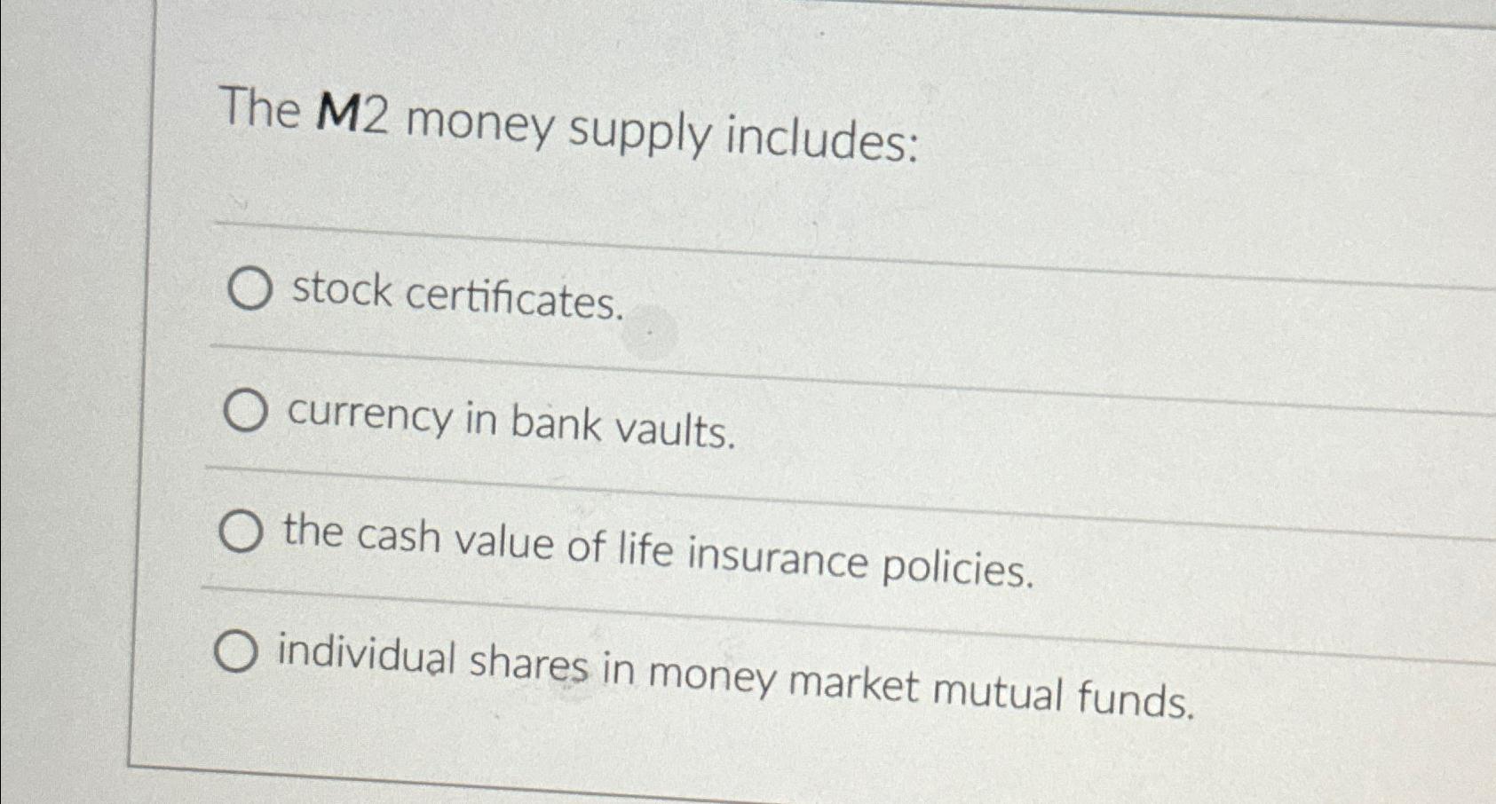 Solved The M2 ﻿money supply includes:stock | Chegg.com